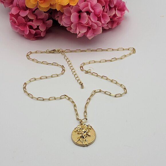 Jewelry | Gold Tone Embossed Birth Flower Pendant Necklace 21 Oval Link ...